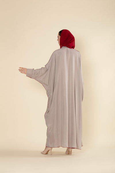Sahar Luxe Embroidered Tassel Abaya – Pearl Grey & Red – Vaya Fashion